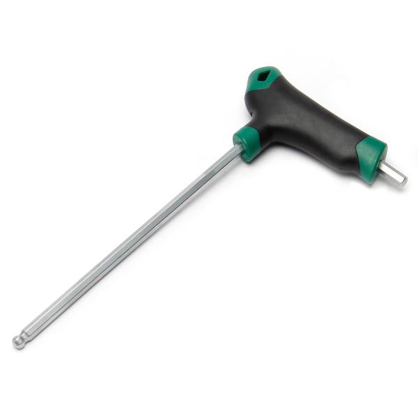 Utoolmartの5mm T型ハンドルボールポイント六角レンチ、クロムメッキ仕上げ。45番炭素鋼製で強度と耐食性を確保。ボールポイント先端により約25度の斜め差しが可能で、狭い場所の作業に適します。通常ヘックス側との両端仕様です。