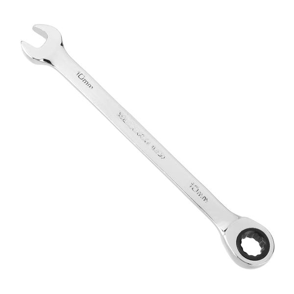 Utoolmartのラチェットコンビネーションレンチ。対辺10mm、全長160mm（1本入り）。鍛造・熱処理クロムバナジウム鋼製・クロムポリッシュ仕上げ。72歯ラチェットでわずか5°の振り角で作業可能。自動車整備で最頻用の10mmサイズを狭...