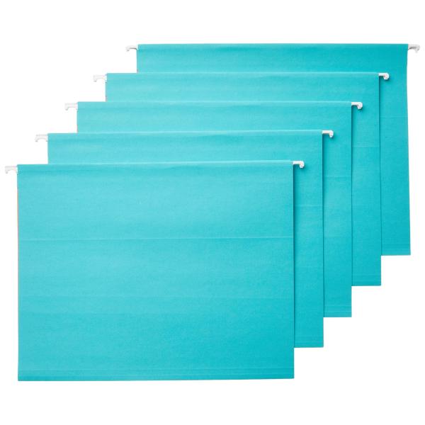 ・Hanging file folder (25-pack) in Aqua holds 8.5 x 11-inch letter-size documents and folders・Adjustable 1/5-cut clear pl...