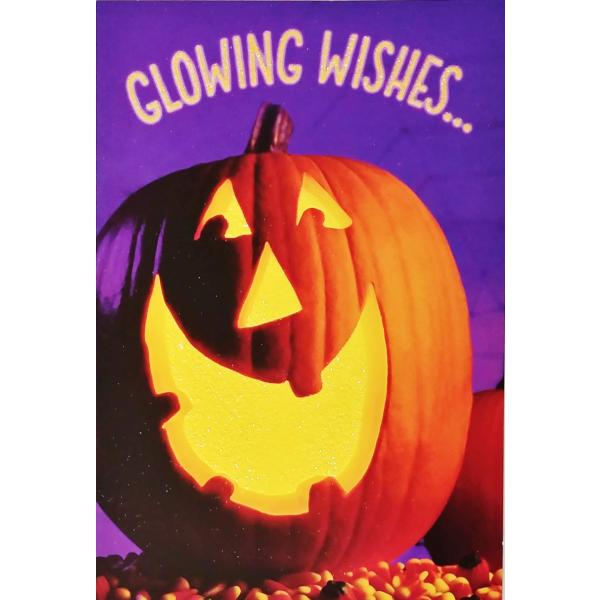 ・Includes Envelope・Front: Glowing Wishes...・Inside: ...for a Halloween that's happy and bright!