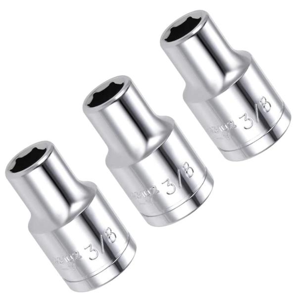 Utoolmart製1/2インチ差込角・3/8インチサイズの6点式スタンダードソケット3個セット。クロームバナジウム鋼製・鏡面クロームメッキ仕上げで強度と防錆性を両立。面接触設計でナット角をなめにくく、薄肉浅型構造で狭いスペースにも対応。自...