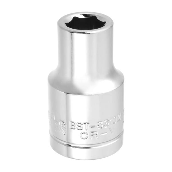 差込角1/2インチ・対辺3/8インチ（9.5mm）の6角浅口ソケット。クロムバナジウム鋼製で高い強度と耐久性を持ち、クロームメッキ仕上げで錆びにくい。面接触設計により六角形ファスナーの平面に力を伝えるため、角を傷めず確実に締め付けられる。浅...