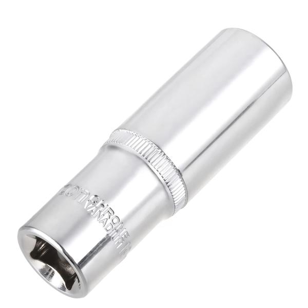 差込角1/2インチ・対辺19mmの12角ディープソケット2個セット。ロングボディが長ネジ付きボルトのナットへ1本でしっかり届き、通常ソケットが届かない箇所での作業を解決する。12角設計で30度刻みのかけ替えが可能なため、エンジンルームや機械...