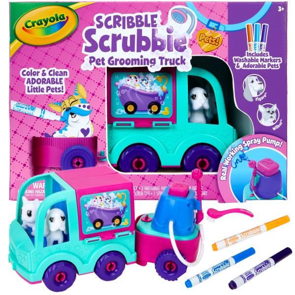 クレヨラのScribble Scrubbieシリーズ。真っ白なペットフィギュアにお絵描きして水で洗い流し、繰り返し遊べるセット。バスタブ付きトラック・洗えるペット2個・ウォッシャブルマーカー3本・ブラシ1本・ポンプシャワー1個・カート1台付...