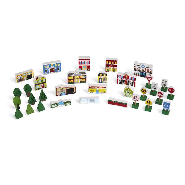 ・32-piece set of wooden streetscape "blocks" to create a town・Includes 12 buildings, such as police and fire stations, h...