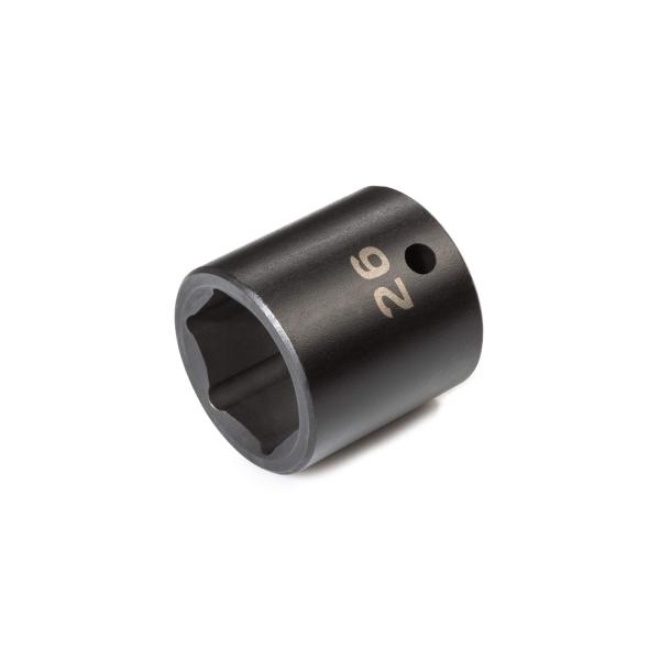 差込角12.7mm（1/2インチ）の6点シャロー（浅型）インパクトソケット、26mmサイズ。レーザー刻印と打刻の2種類のサイズ表記で視認性を確保。ラジアスコーナー設計でボルト・ナットの角なめを防止。フリクションリングとデテントピン両方式のア...