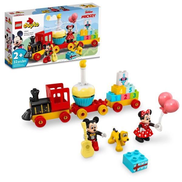 ・Developmental Activities - Mickey Mouse, Minnie Mouse, and Pluto figures aboard the buildable birthday train toy set fo...