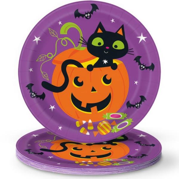 ・SPOOKTACULAR ADORABLE PLATES: Our pack of 8 Halloween Cat ＆ Pumpkin Round Dinner Paper Plates will enchant your guests ...