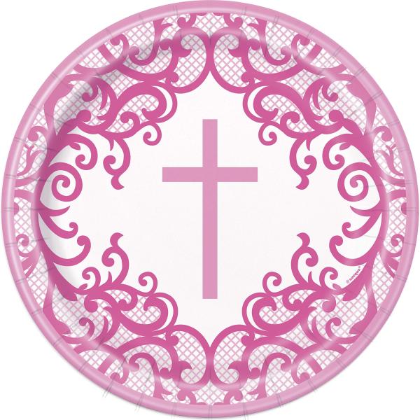 ・ELEGANT DESIGN: Featuring a stunning fancy pink cross pattern, these round paper plates add a touch of sophistication a...
