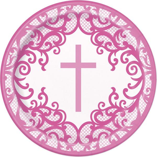 ・ELEGANT DESIGN: Featuring a stunning fancy pink cross pattern, these round paper plates add a touch of sophistication a...