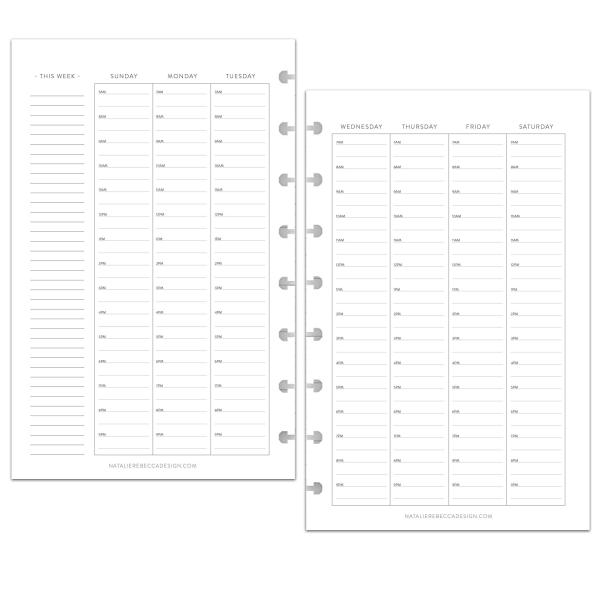 ディスクバウンド対応の日付なし時間軸ウィークリーカレンダーリフィル（クラシックデザイン）。週間ページに1時間単位の予定欄を設けたアポイントメントブック形式。月タイトルページで仕切りの挿入が容易。上質なプレミアムペーパー使用。Levenger...