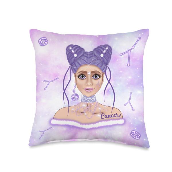 ・Magical Cancer zodiac present with horoscope sign, constellation stars, violet hair Cancer girl queen, with purple eyes...