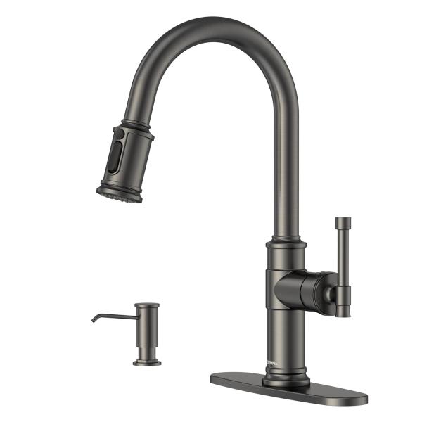 ・Antique and Patented Design Kitchen Faucet with Soap Dispenser -- The unique line design of DAYONE Pull down kitchen si...
