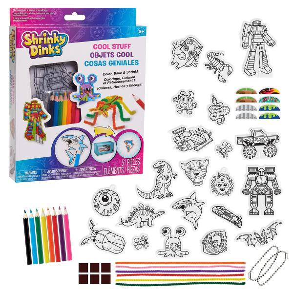 ・51- piece set includes 21 preprinted and precut Shrinky Dinks, 8 color pencils, 8 stands, 6 pipe cleaners, 2 key chains...
