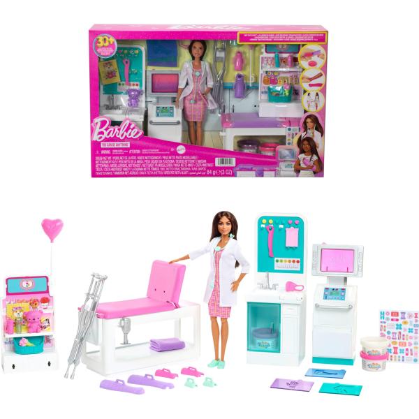 ・Explore a world of taking care of others with the Barbie Fast Cast Clinic playset.・Wearing a cute plaid dress, white do...