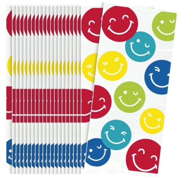 ・DELIGHTFUL DESIGN: Happy Face Cellophane Bags feature a vibrant array of colorful happy faces against a transparent bac...