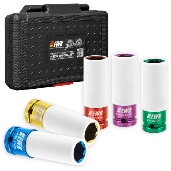 EWKのCr-Mo（クロムモリブデン）鋼製ラグナットソケット5点セット。メトリック17・19・21mmとSAEインチ規格13/16・7/8インチをカバーし、国内外のホイール交換に対応。各ソケットに取り外し可能なナイロンスリーブを装着したノン...