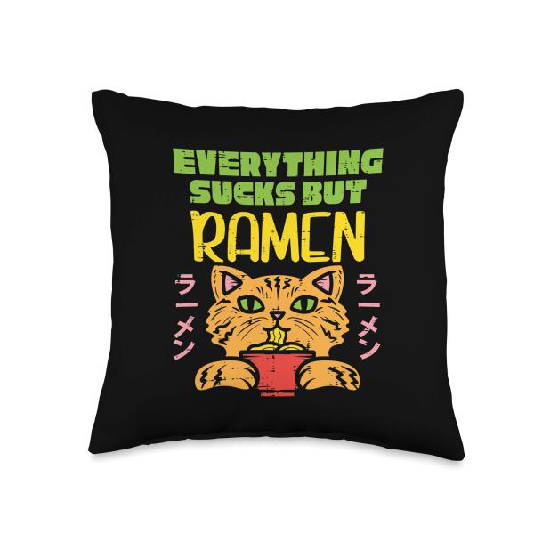 ・Grab this retro Cat Everything Sucks But Ramen throw pillow for your japanese manga lover mom, dad, husband, wife, boyf...