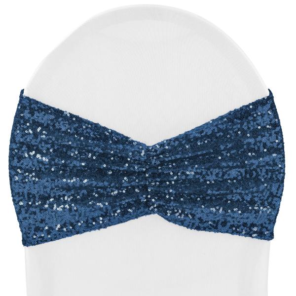 ・PACKAGE INCLUDES: Receive 1 Glitz Navy Blue Ruffle Sequin Spandex Chair Band Sash, measuring approx. 9" wide x 13.5" le...