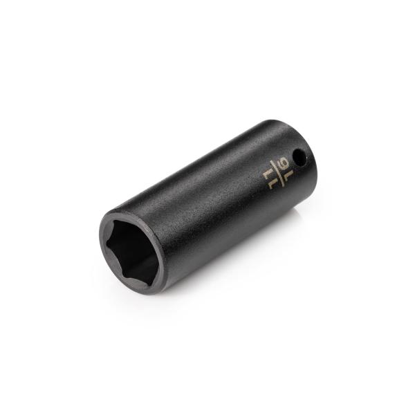 テクトン（TEKTON）の差込角3/8インチ・6角ディープインパクトソケット、サイズ11/16インチ（約17.5mm）。高視認性レーザー刻印＋永久スタンプ刻印のダブル表示でサイズを確実確認。角を避けたラジアスコーナー設計でファスナーの変形を...