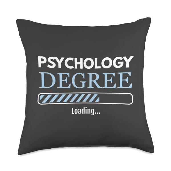 「Psychology Degree Loading（心理学の学位ローディング中）」のユーモラスなメッセージ入りグラフィックの装飾クッションです。心理学の学生や卒業ギフトにもおすすめです。スパンポリエステル100%生地使用、両面プリント仕様...