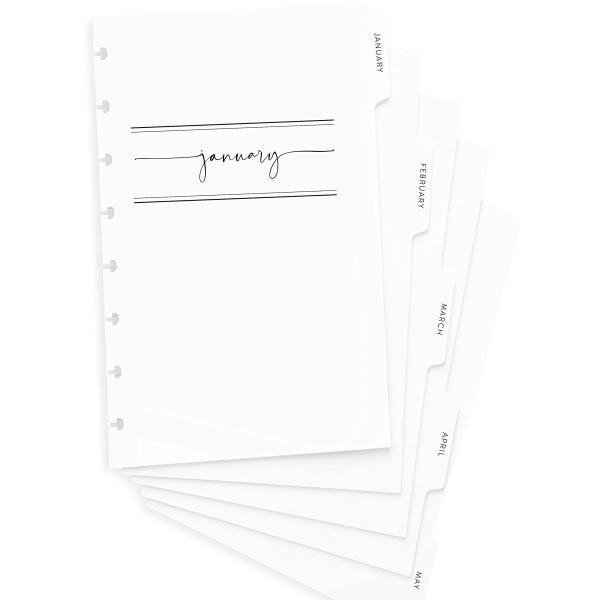 ディスクバインドノート用月間タブ仕切り。ハッピープランナー・Levenger Circa・ARC・TUL等に対応。厚手カード紙使用、タブ部分にマイラーコーティング施工で耐久性と視認性を確保。日付なしで毎年使い回し可能。
