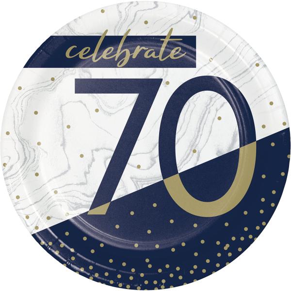 ・8 Navy and Gold 70th Birthday Dessert Plates・Dessert plates measure 7"・Sturdy paper plates for all your serving needs・P...