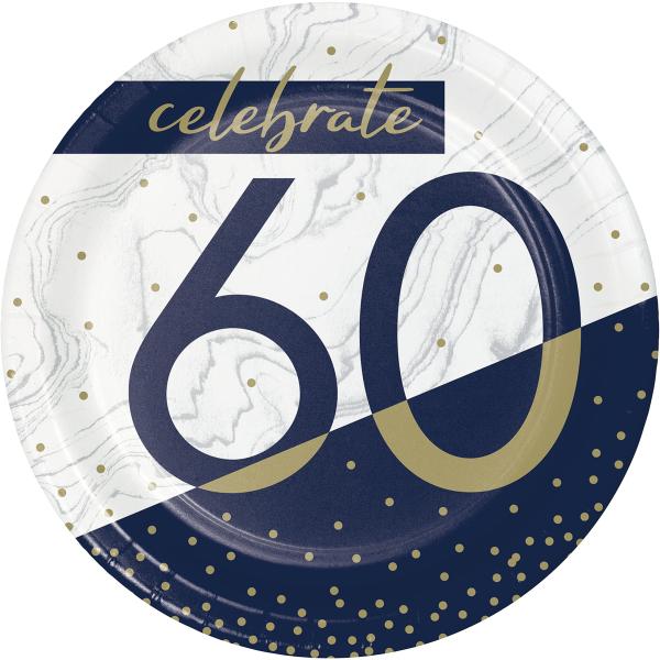 ・8 Navy and Gold 60th Birthday Dessert Plates・Dessert plates measure 7"・Sturdy paper plates for all your serving needs・P...