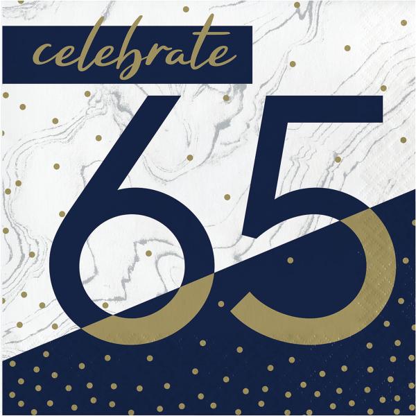 ・16 Navy and Gold 65th Birthday Napkins・Disposable napkins measure 6.5"・Premium paper 2-ply napkins・Perfect for birthday...