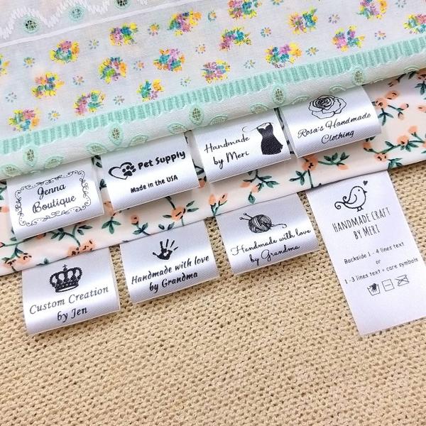 ・Set of 100pcs custom clothing labels. Label materials: silky white satin. Size 1 1/8" x2 3/8" (30mmx60cmm) . 90+ pictur...