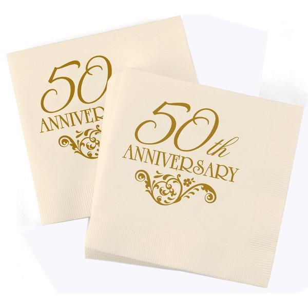 ・50-Count ecru (ivory) paper beverage napkins with decorative digital 50th Anniversary design printed in gold color・Smoo...