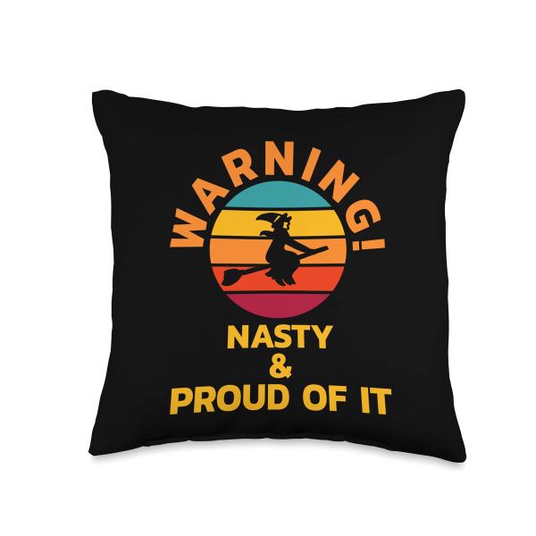 ・Get this funny feminist, Warning! Nasty Woman ＆ Proud Of It design with a witch, hat and broom flying into the sunset. ...