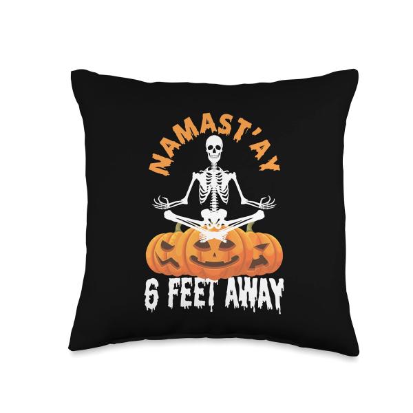 ・Namast'ay 6 Feet Away Skeleton against a retro, vintage pumpkin design is great as a Halloween costume idea for men and...