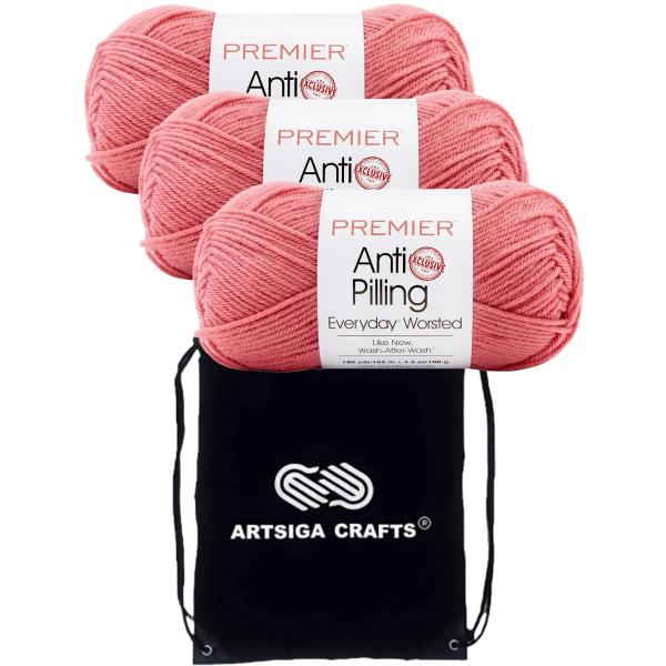 アンチピリング加工のアクリル毛糸です。アザレアカラーで3玉セットの販売です。1玉100g・約165m。かぎ針ゲージ：5.5mm（I-9号）で10cm×10cm=12目×15段。棒針ゲージ：5mm（8号）で18目×24段。洗濯後のピリング・毛...