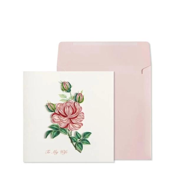 ・Cover features a rose with little rose buds designed with handmade paper filigree in pinks and green and front greeting...
