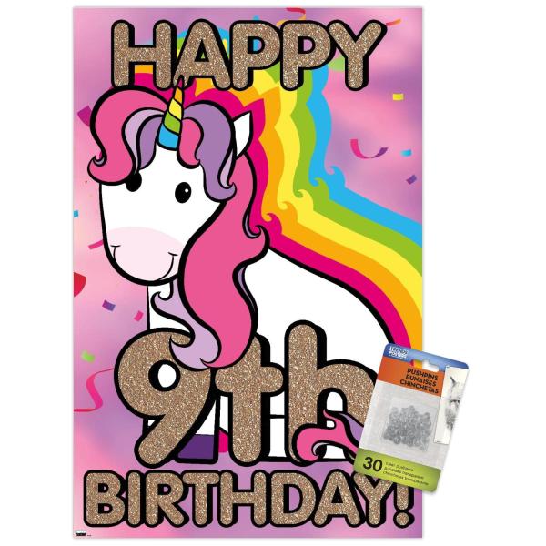 ・THIS TRENDS ELLIE RIPBERGER UNICORN - HAPPY 9TH BIRTHDAY WALL POSTER uses high-resolution artwork and is printed on Pho...