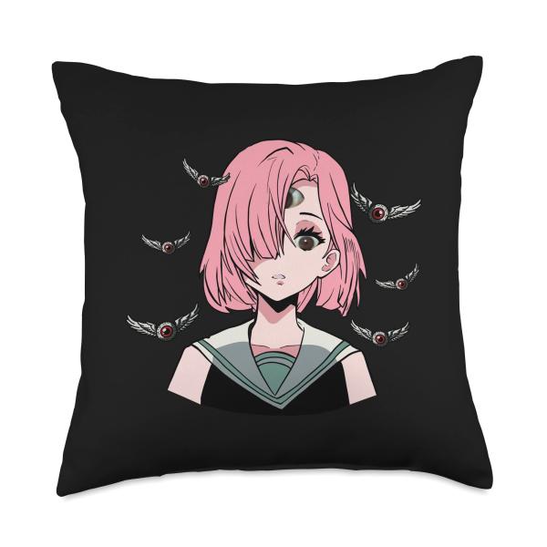 ・Weirdcore aesthetic japanese human eyed anime girl with a third eye surrounded by flying eyes eyeballs as a creepy hall...