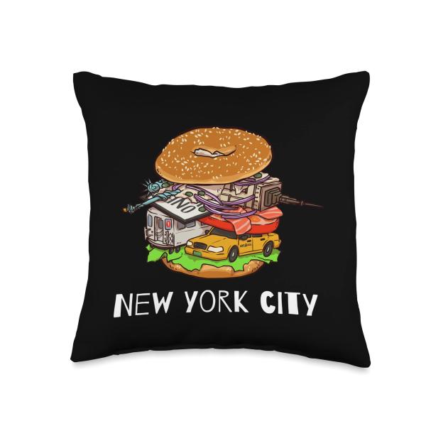 ・A NYC breakfast special, a sesame bagel with the empire state, the statue of liberty, a NYC street sign, the NYC subway...