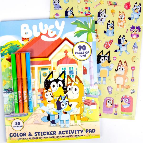 ・90-PAGE ACTIVITY BOOK: Puzzles to solve, words to unscramble, stickers to place, outlines to trace - the Bluey Coloring...