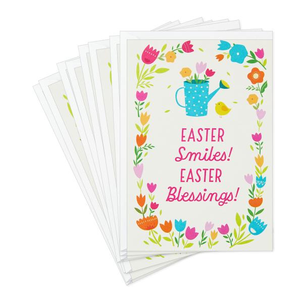 ・Cards feature a watering can and a chick, surrounded by a colorful floral wreath. Message reads: "Easter smiles! Easter...