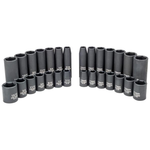 ・28 piece 1/2" Drive Impact socket set： Set Includes:1/2 in Drive SAE Socket: 7/16, 1/2, 9/16, 5/8, 11/16, 3/4 ＆ 15/16 i...