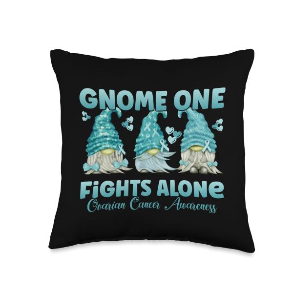 ・Design shows teal colored cancer gnomes with ribbons and reads: "Gnome one fights alone. Ovarian Cancer Awareness".・Per...