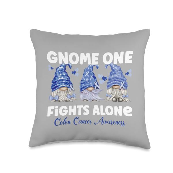・Design shows dark blue colored cancer gnomes with ribbons and reads: "Gnome one fights alone. Colon Cancer Awareness".・...