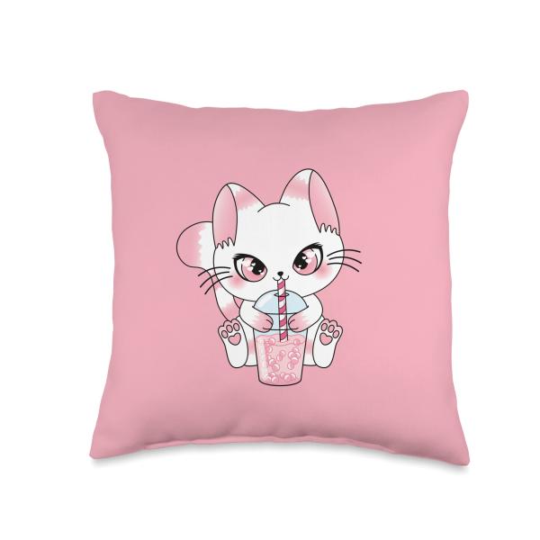 ・Cute anime cat bubble tea graphic with a pink background for anime merch lovers. A cute pink cat boba tea print for all...