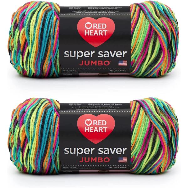 100%アクリル素材のRed Heart スーパーセーバー Jumboシリーズ、ブラックライトカラー。1個283g（10oz）・約441m（482ヤード）入り×2個セット。ウェイト4（並太ワーステッド）で棒針5mm・かぎ針5.5mmに対応。...