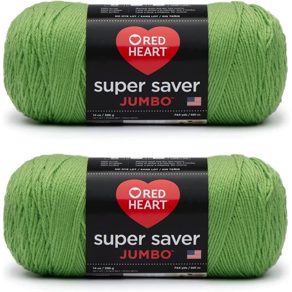 100%アクリル素材のRed Heart スーパーセーバー Jumboシリーズ、スプリンググリーンカラー。1個396g（14oz）・約680m（744ヤード）入り×2個セット。ウェイト4（並太ワーステッド）で棒針5mm・かぎ針5.5mmに対...