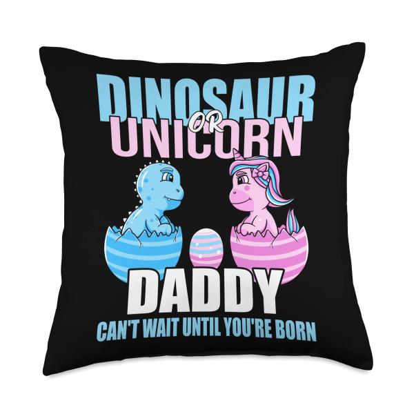 ・Dinosaur Or Unicorn Daddy Cant Wait Until You're Born Gender Reveal Design with a Blue Dinosaur and a Pink Unicorn both...