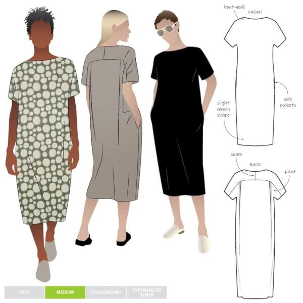 ・Style Arc short-sleeve pull-on dress sewing pattern featuring: mid-length, boat neck, slight cocoon-shaped body, in-sea...