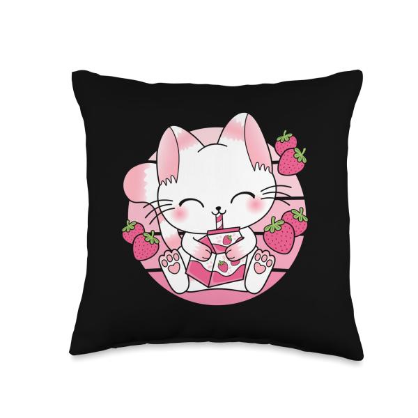 ・Cute pink kawaii cat strawberry milk print for anime merch lovers. A cute cat with a strawberry milk for all who love k...