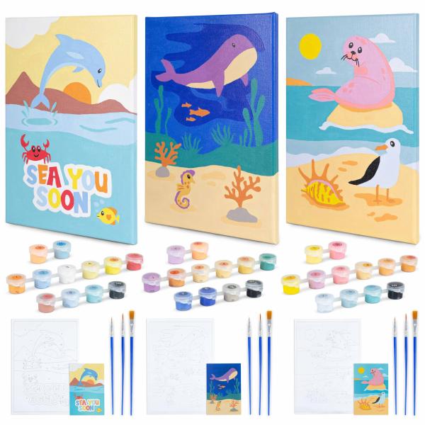 ・PAINT BY NUMBERS KIT FOR KIDS OF SEA ANIMALS - This pack of 3 paint by number kits contains the following for each set:...
